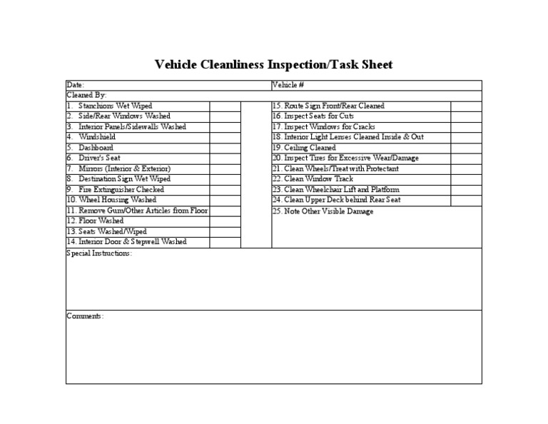 Vehicle Cleanliness Inspection Checklist | PDF | Business | Technology ...