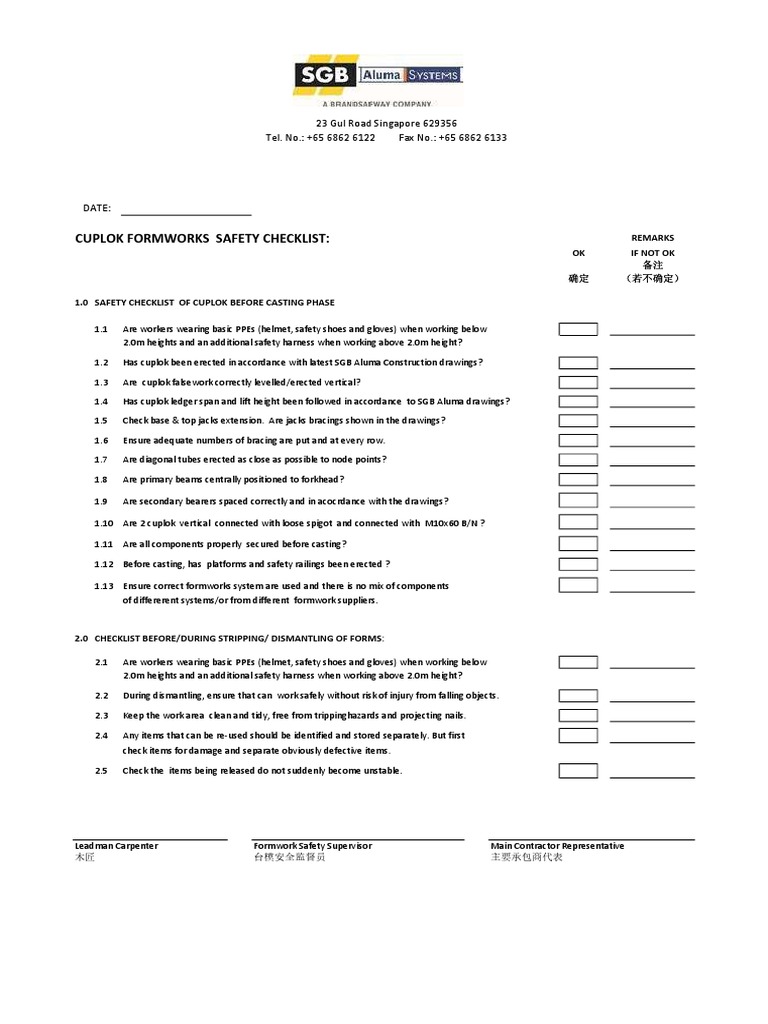 Cuplok Formworks Safety Checklist:: 23 Gul Road Singapore 629356 Tel ...