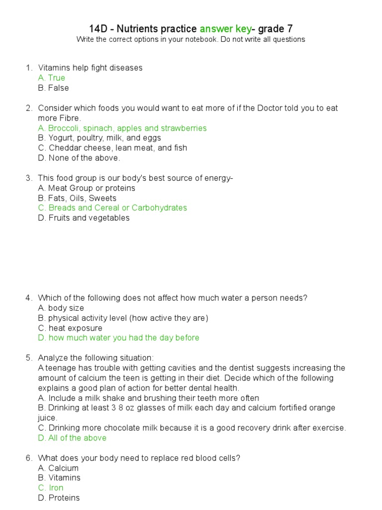 Grade 7 Nutrients Answer Key | PDF