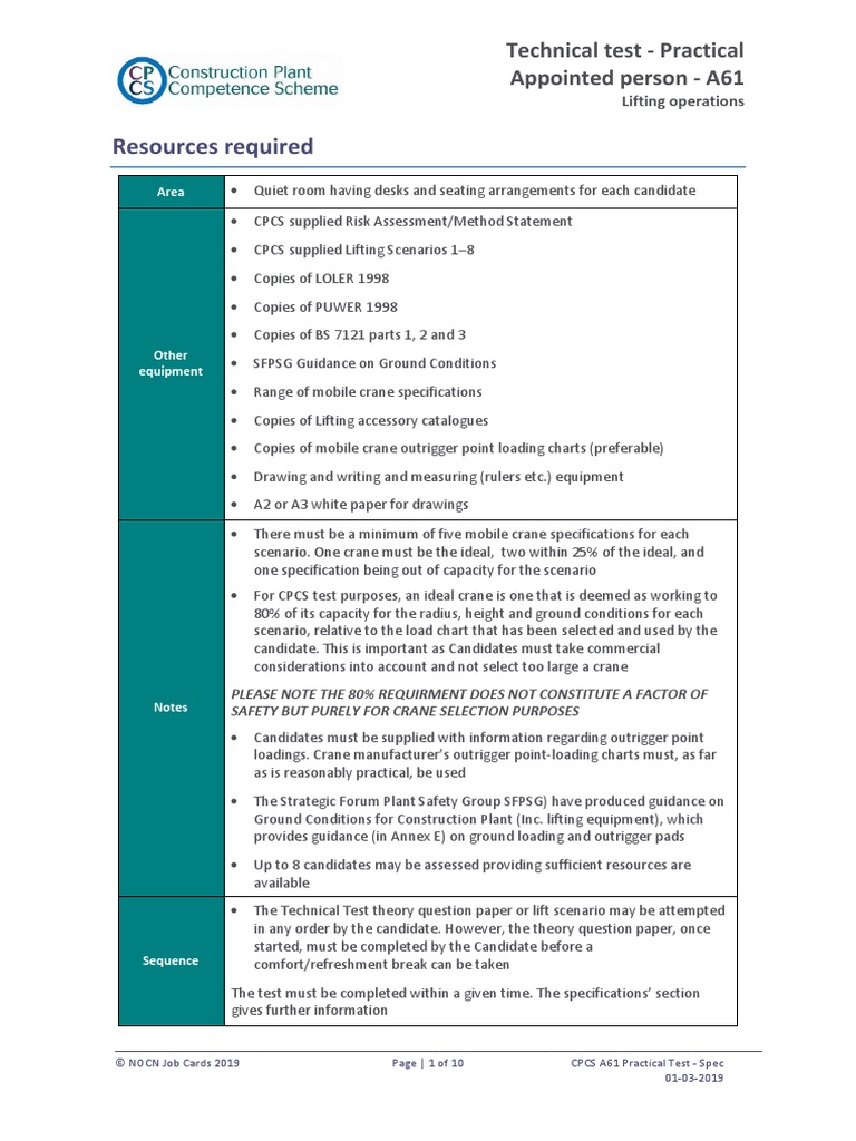 Cpcs Standard Practical Tests A61 Pdf Pdf Crane Machine Hazards