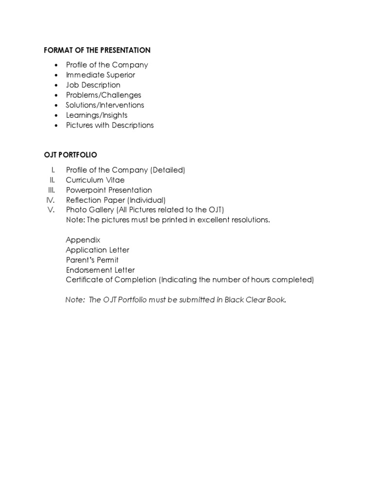 FORMAT OF THE PRESENTATION OJT Portfolio PDF | PDF