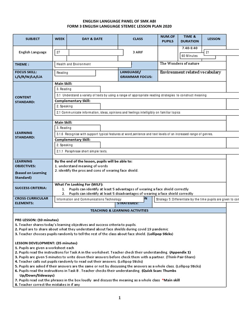 English Language Panel of SMK Abi Form 3 English Language Stemec Lesson ...
