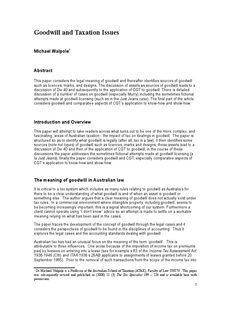 Goodwill and Taxation Issues: Michael Walpole | PDF | Franchising ...