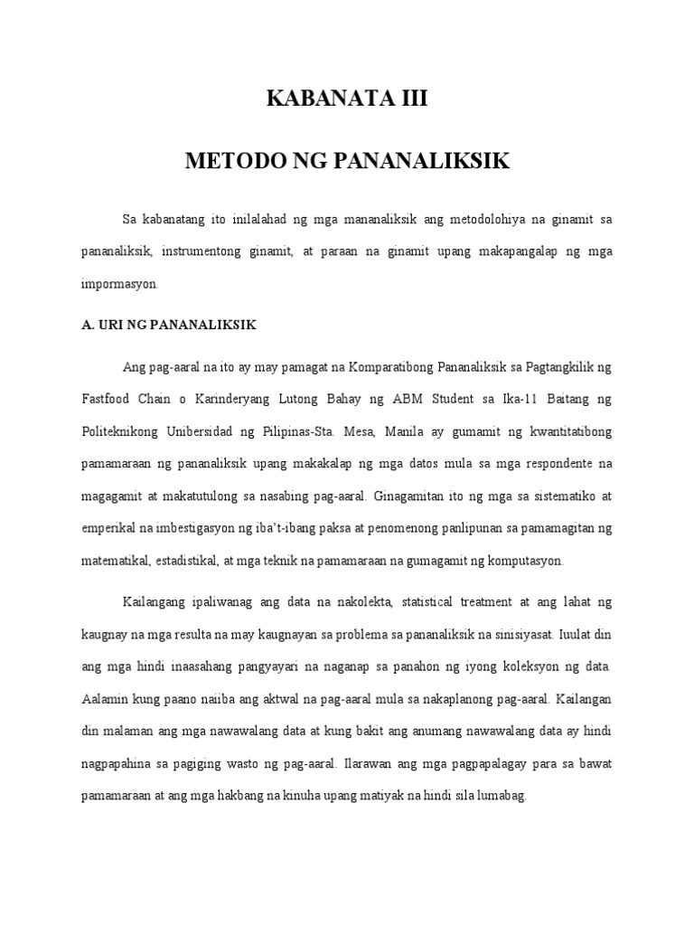 Kabanata Iii Metodo NG Pananaliksik | PDF