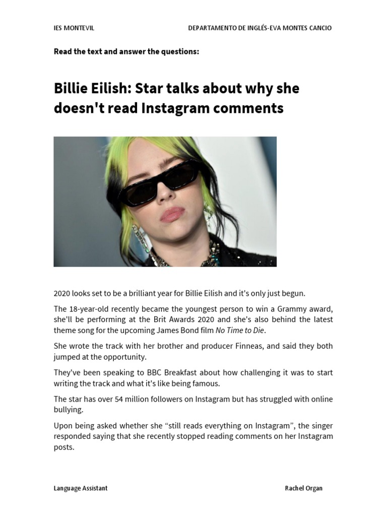 Billie Eilish: Star Talks About Why She Doesn't Read Instagram Comments ...