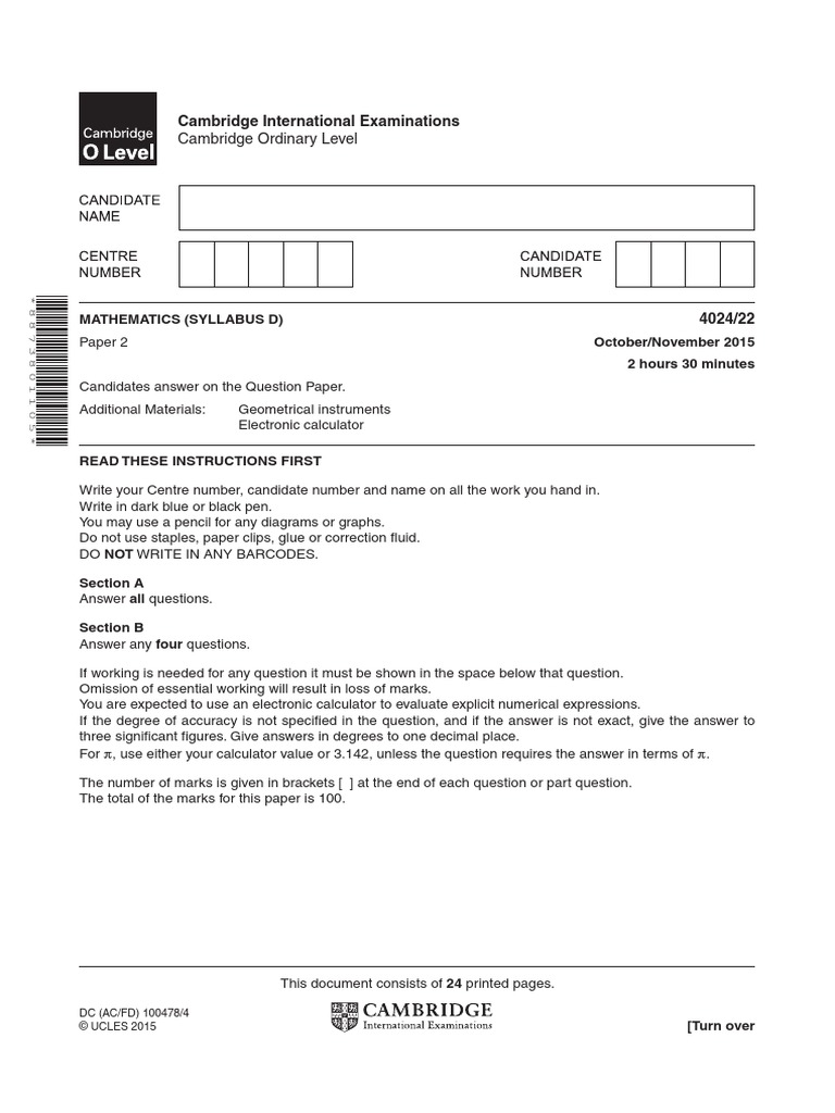 O Level Mathematics Past Questions | PDF | Area | Sphere