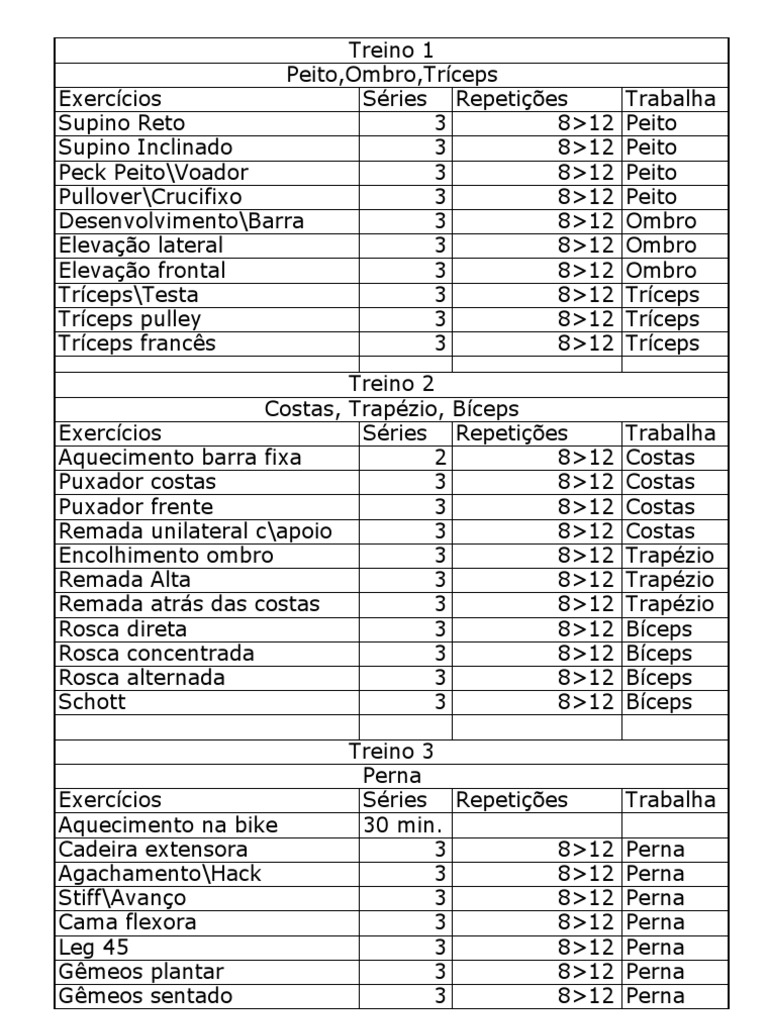 Treinos P/Peito Ombro Tríceps Costas Trapézio Bíceps e Perna | PDF