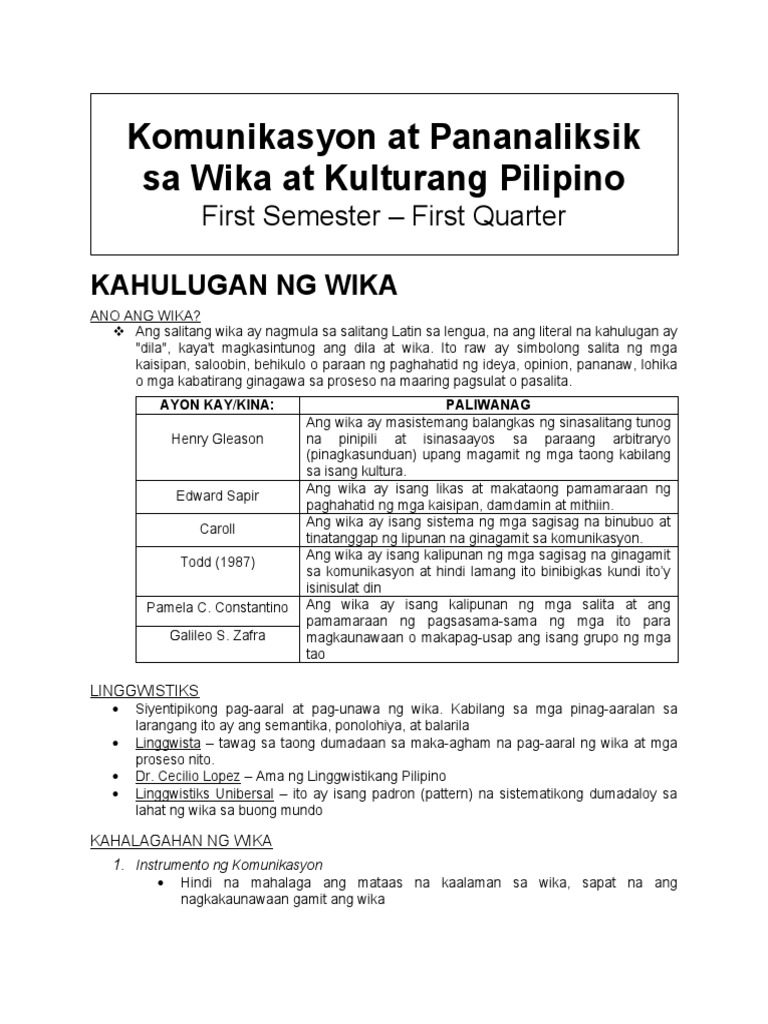 Komunikasyon at Pananaliksik Sa Wika at Kulturang Pilipino Notes | PDF