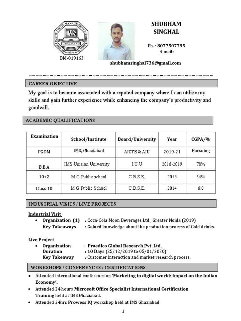 Shubham Singhal (BM-019163) Resume | PDF | Learning | Business