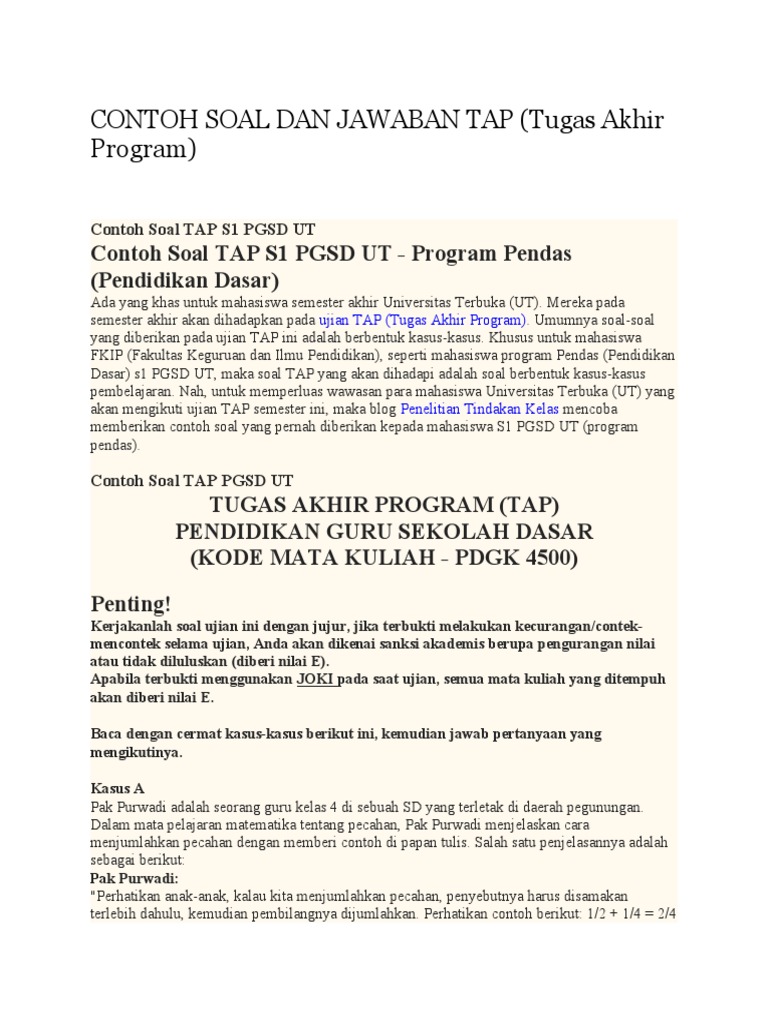 Contoh Soal TAP S1 PGSD UT 2024 | PDF