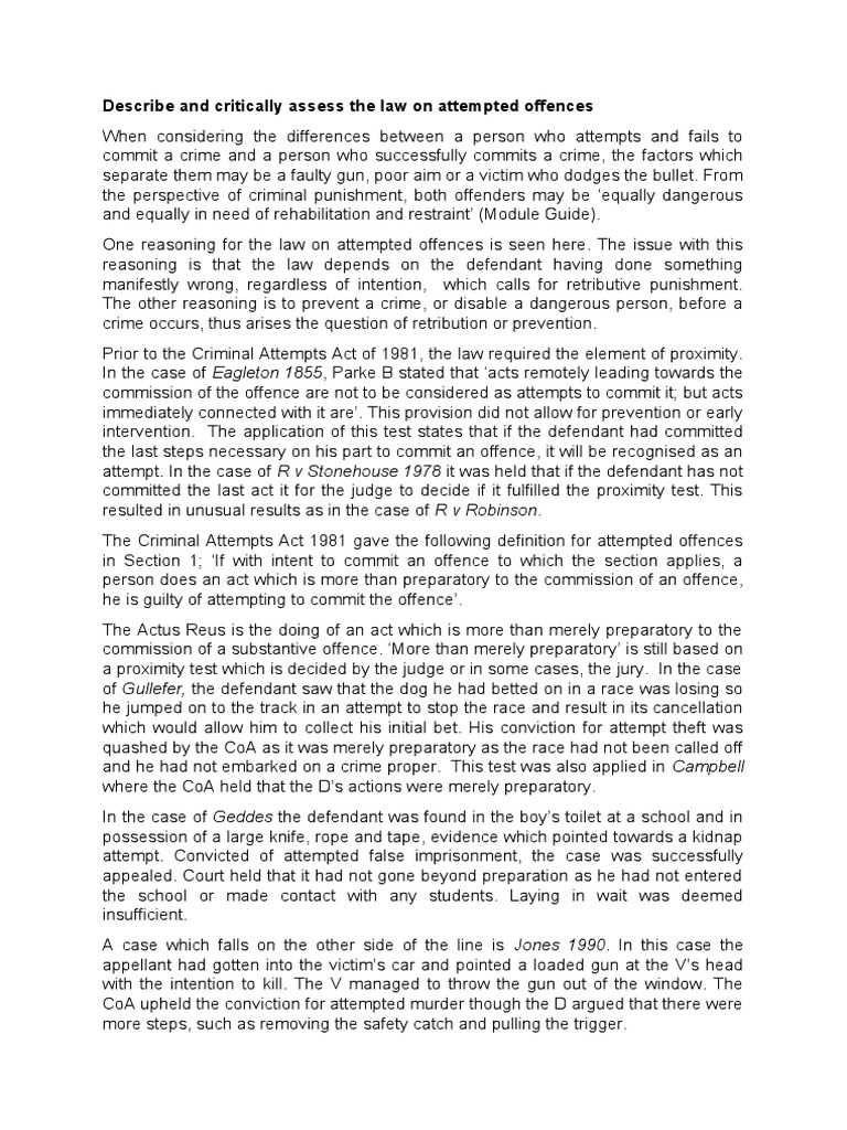 Describe and Critically Assess The Law On Attempted Offences | PDF ...