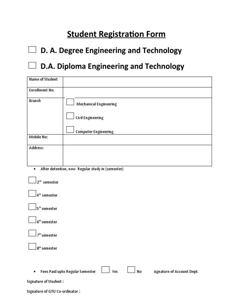 Student Registration Form: D. A. Degree Engineering and Technology D.A ...