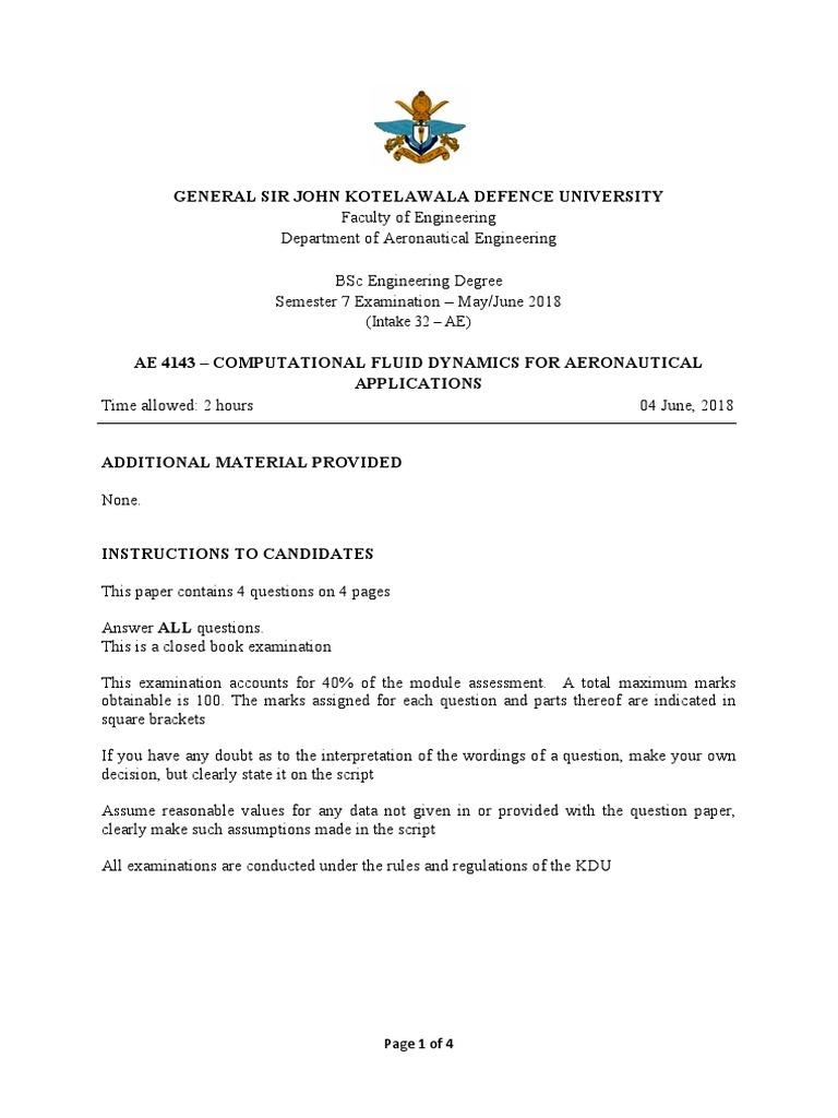 CFD Exam Paper for Aeronautical Engineering | PDF | Fluid Dynamics ...