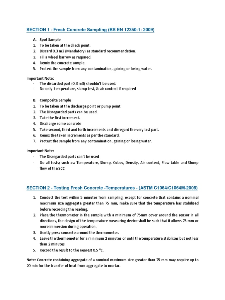 Section 1 - Fresh Concrete Sampling (BS EN 12350-1: 2009) : A. Spot ...