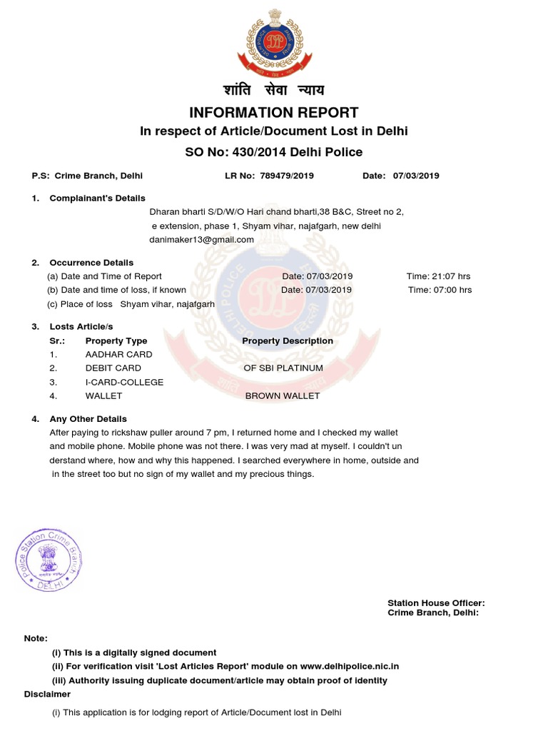 Information Report: in Respect of Article/Document Lost in Delhi SO No ...