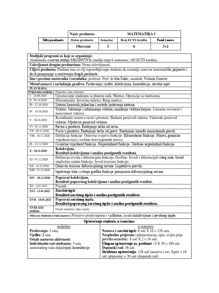 MAŠINSTVO, MATEMATIKA I, ECTS 2020.g | PDF