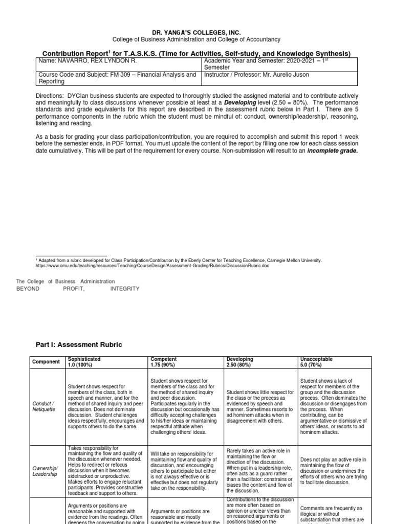 Contribution-Report1-for-T A S K S - FM-309 | PDF | Rubric (Academic ...