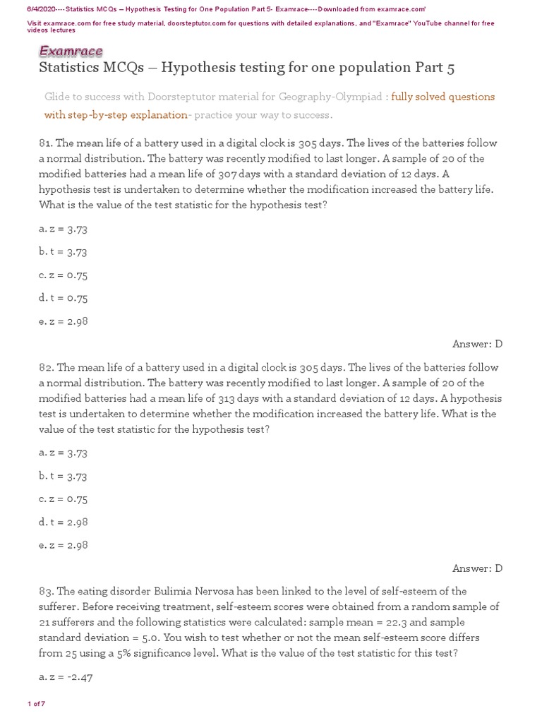 Hypothesis Testing For One Population Part 5 PDF | PDF | P Value ...