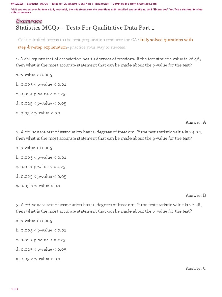 Statistics MCQs for CA Exam Prep | PDF | P Value | Chi Squared Distribution