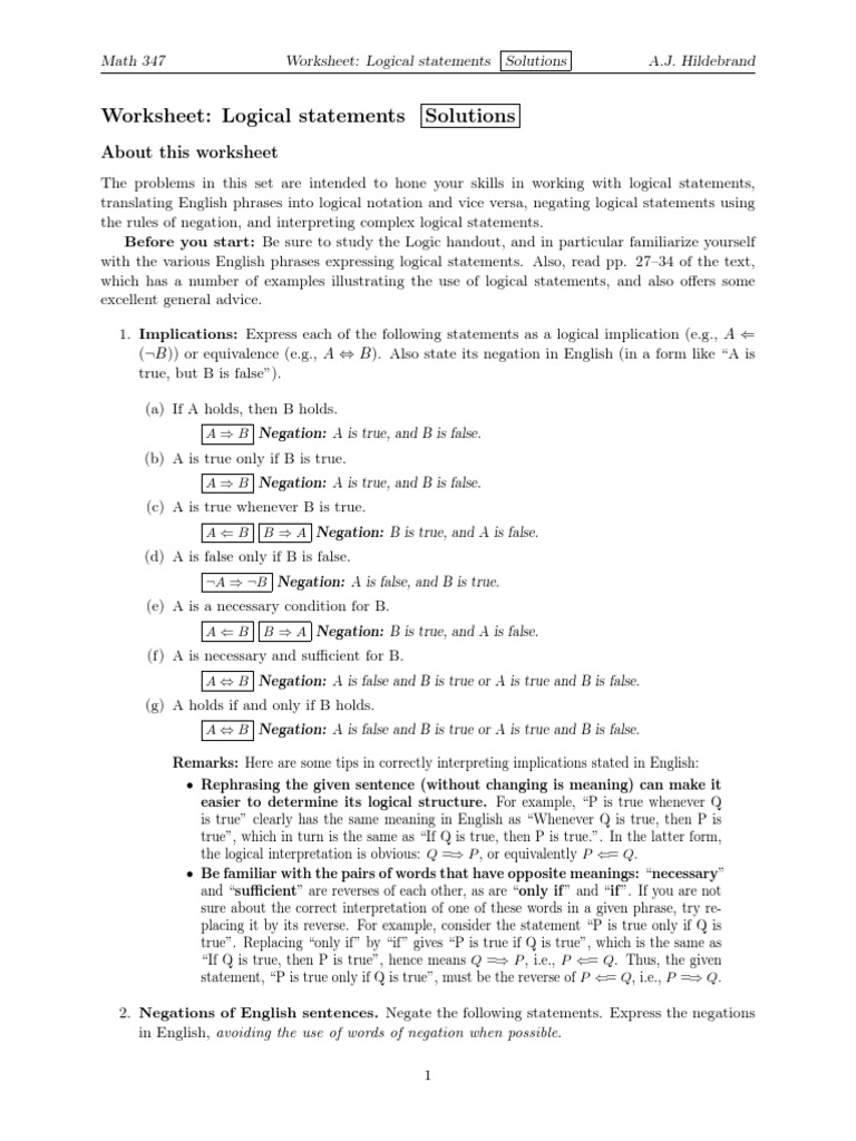 Worksheet: Logical Statements Solutions | PDF | Interpretation (Logic ...