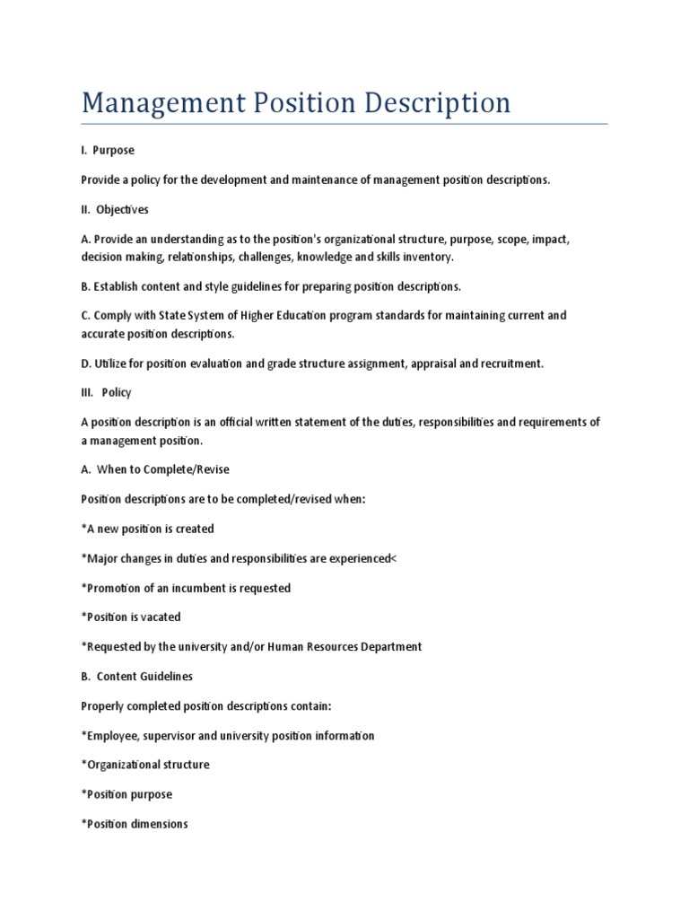 Management Position Description | PDF | Career & Growth | Self-Improvement