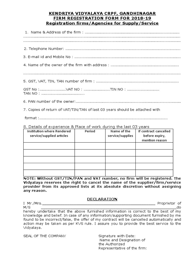 Kendriya Vidyalaya CRPF, Gandhinagar Firm Registration Form For 2018-19 ...