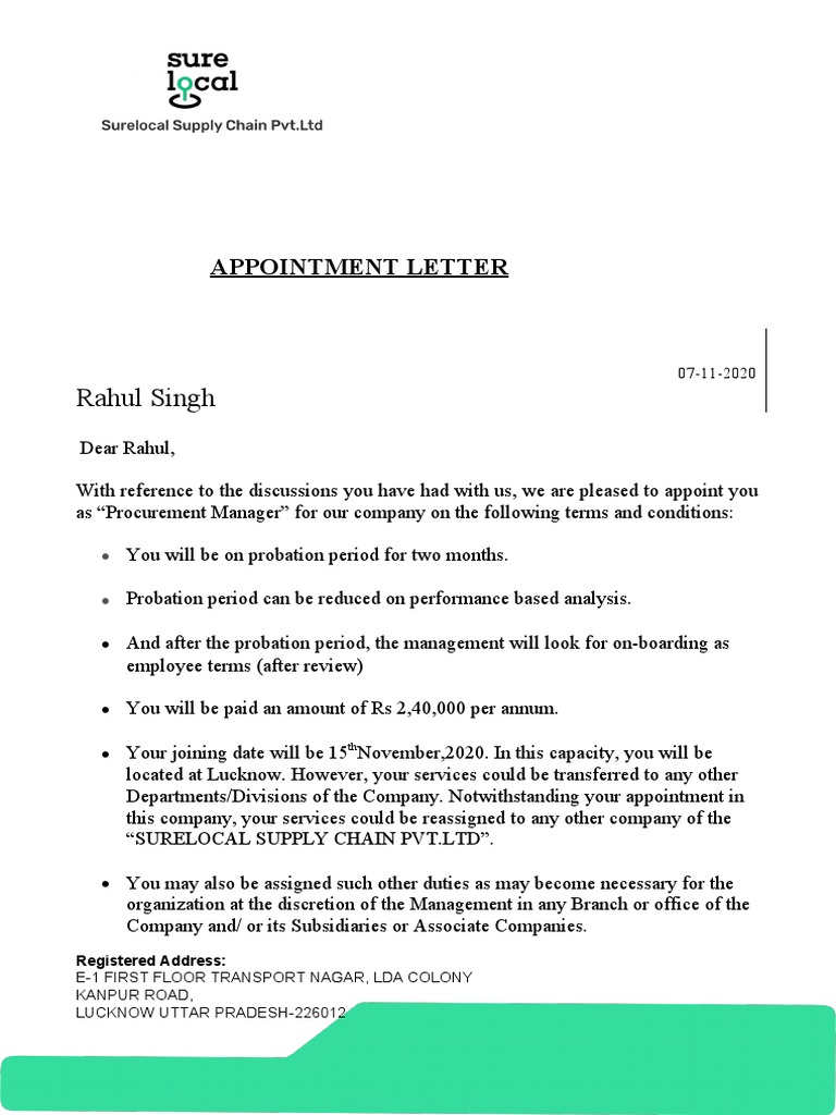 Appointment Letter Asad | PDF