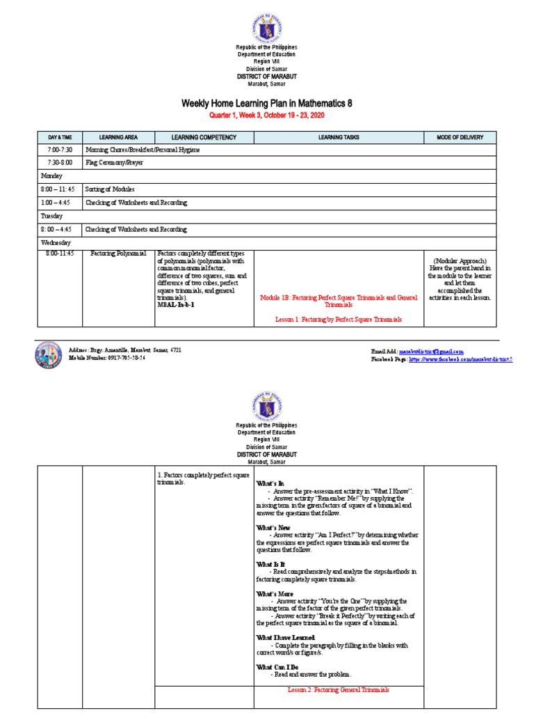 Weekly Home Learning Plan in Mathematics 8: Quarter 1, Week 3, October ...