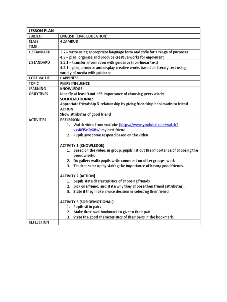 Peers Influence English Lesson Plan | PDF | Career & Growth