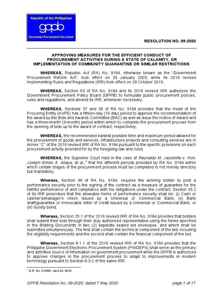 GPPB Resolution No. 09-2020 With SGD PDF | PDF