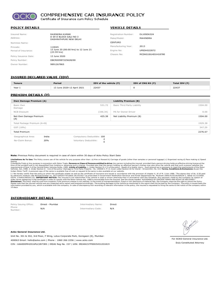 Comprehensive Car Insurance Policy | PDF | Vehicle Insurance | Insurance