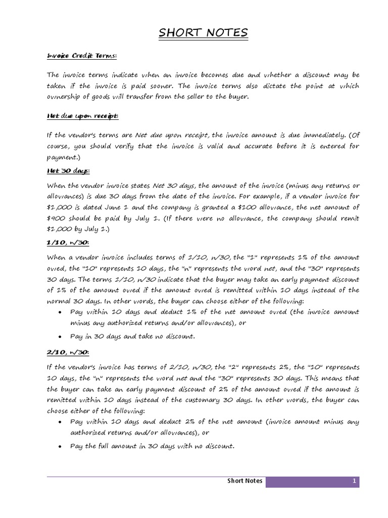Short Notes: Invoice Credit Terms | PDF | Debits And Credits ...