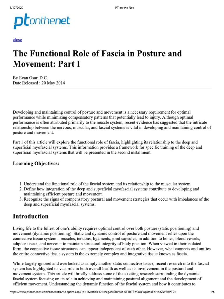 The Functional Role of Fascia in Posture and Movement - Part I PDF | PDF