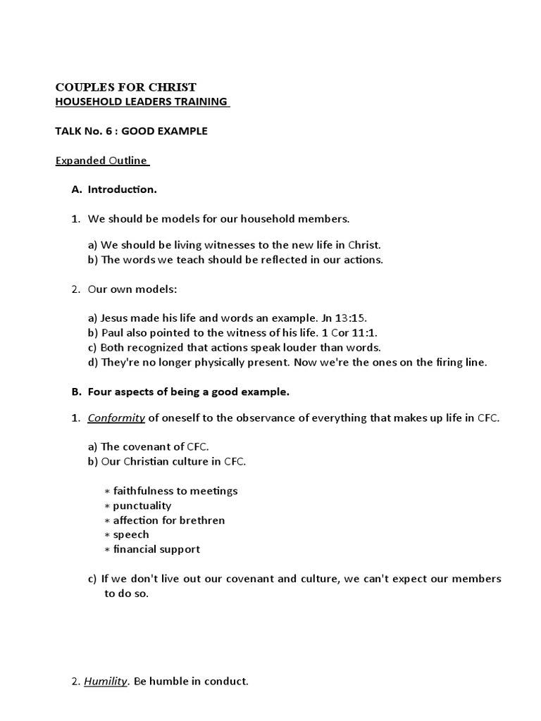 Couples For Christ Household Leaders Training Talk No. 6: Good Example ...