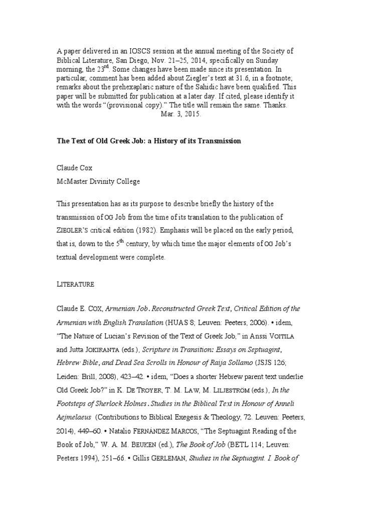 Text of Old Job | Download Free PDF | Septuagint | Origen