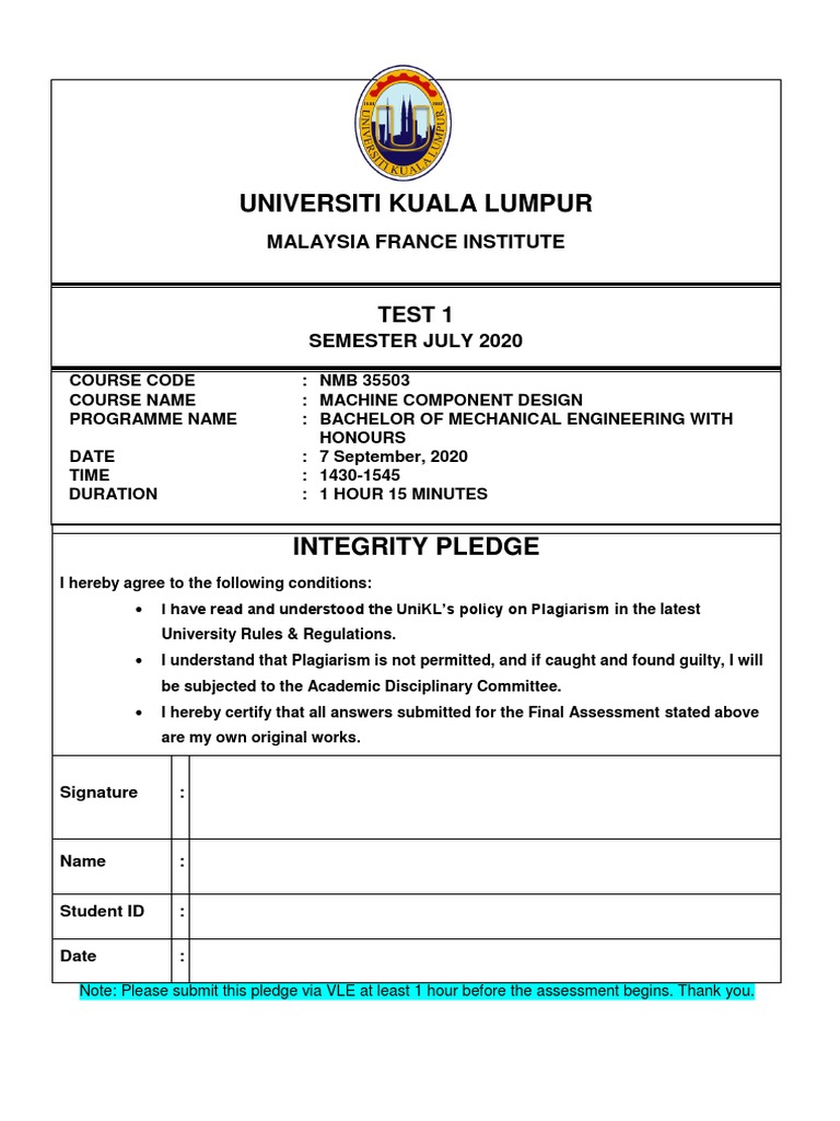 Integrity Pledge Test 1 | PDF