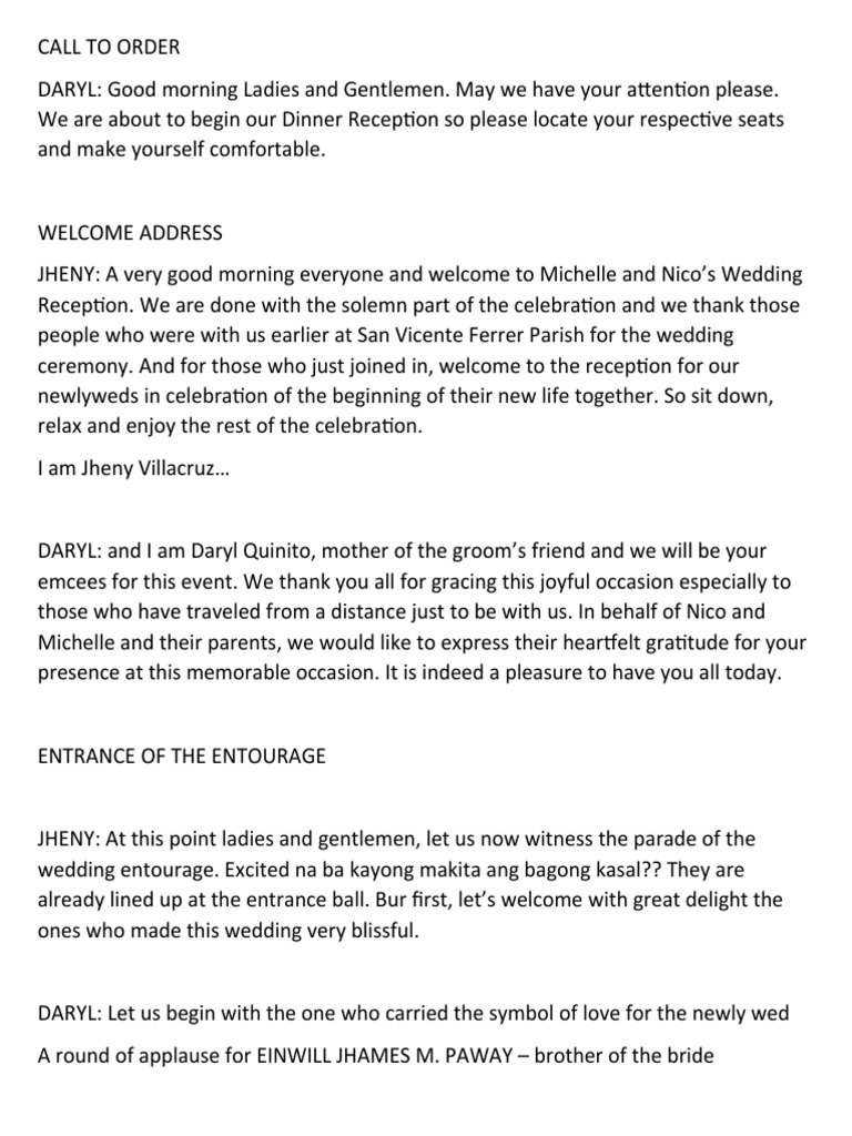 Wedding Reception Program Script | PDF | Wedding | Social Conventions