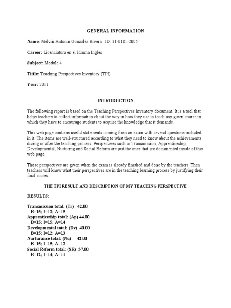 The Tpi Result and Description of My Teaching Perspective | PDF ...
