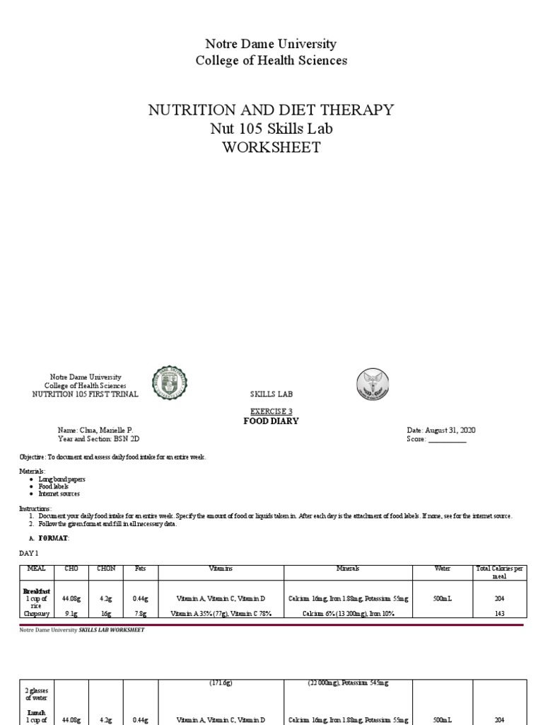 Nutrition 105: Food Diary Worksheet | PDF | Meal | Lunch