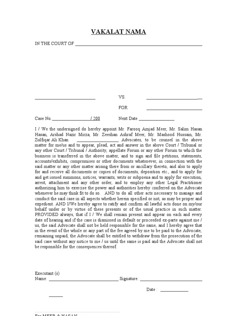 Vakalat Nama for Legal Representation | PDF