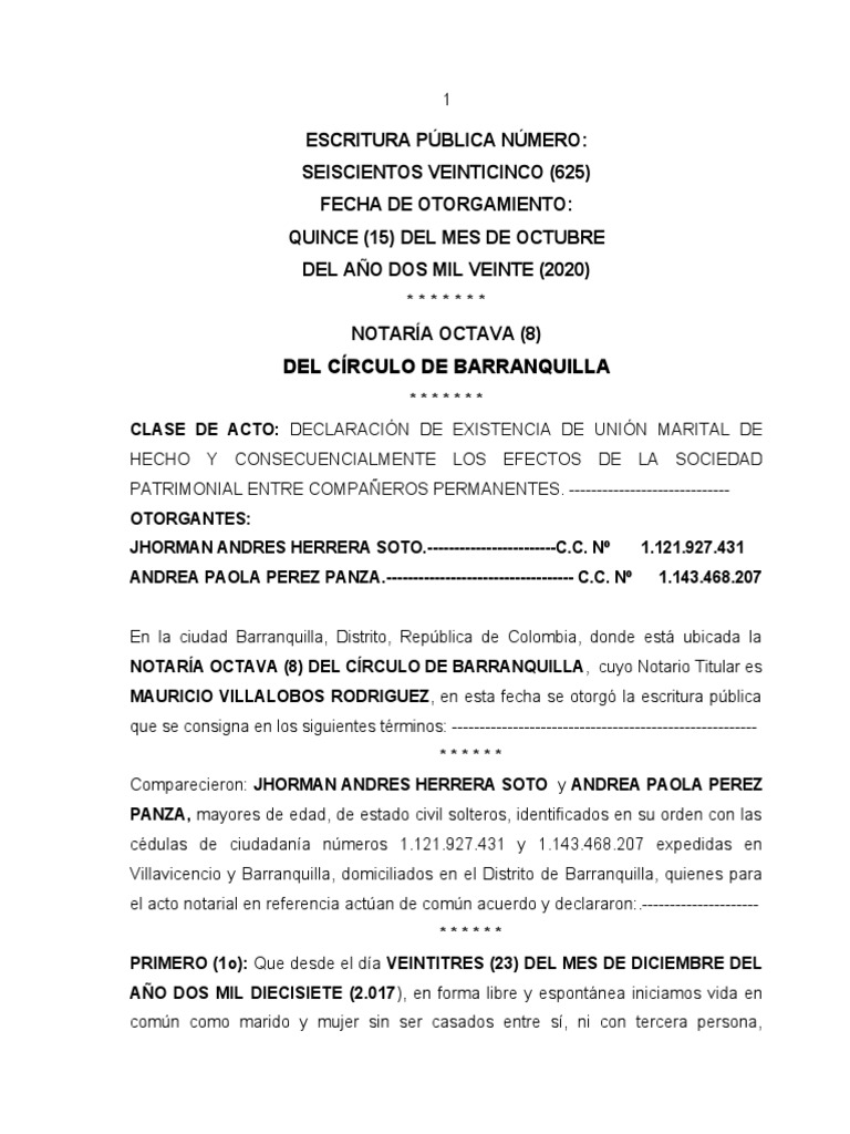 Declaracion Union Marital de Hecho Jhorman Andres Herrera Soto | PDF | Derecho Civil (Common Law ...