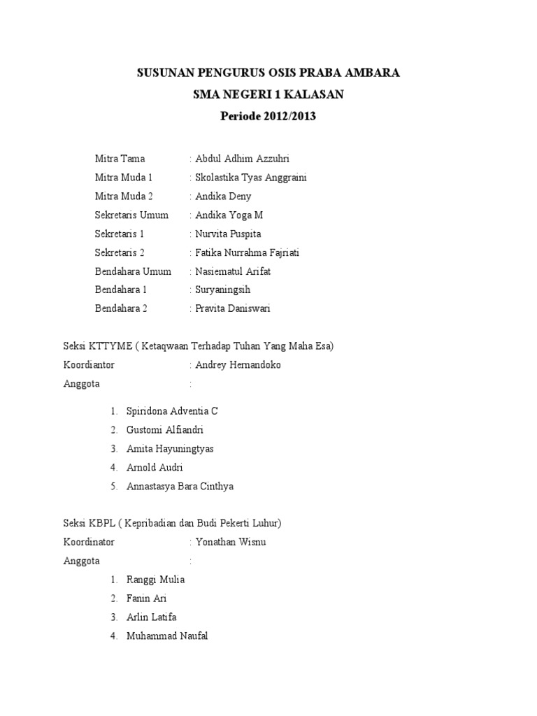 Susunan Pengurus Osis Praba Ambara | PDF