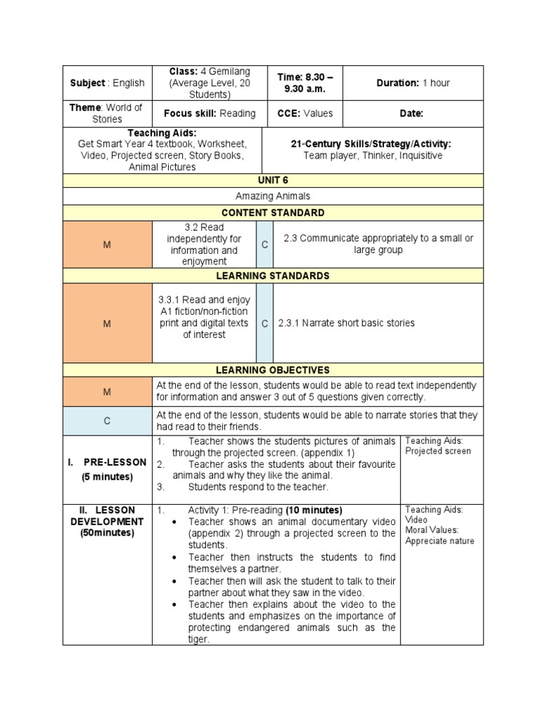 Lesson Plan English Year 4 | Download Free PDF | Teachers | Lesson Plan