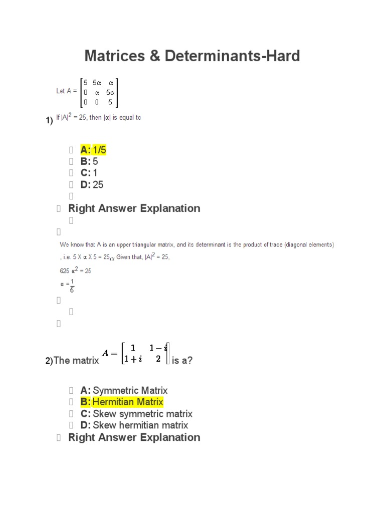 Matrices & Determinants-Hard: Right Answer Explanation | PDF