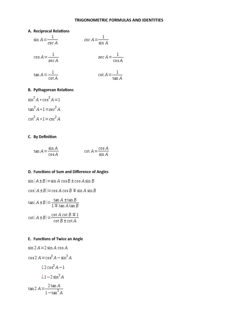 CSC A CSC A : Trigonometric Formulas and Identities | PDF