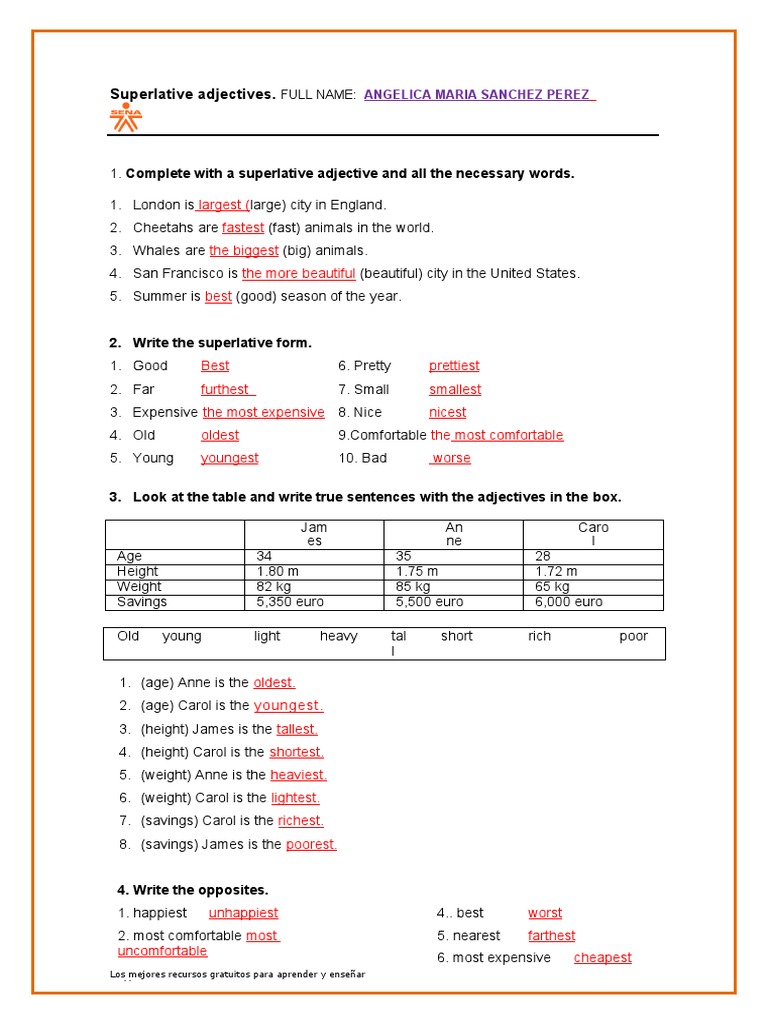 Superlative Adjectives Practice Exercises | PDF