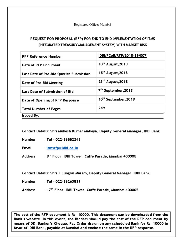 RFP for ITMS Implementation at IDBI | PDF | Request For Proposal | Banks