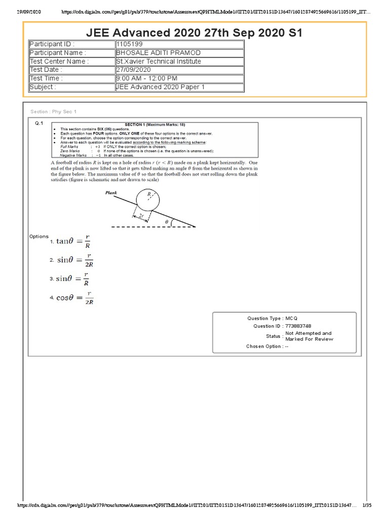JEE Advanced 2020 27th Sep 2020 S1: Section: Phy Sec 1 | PDF