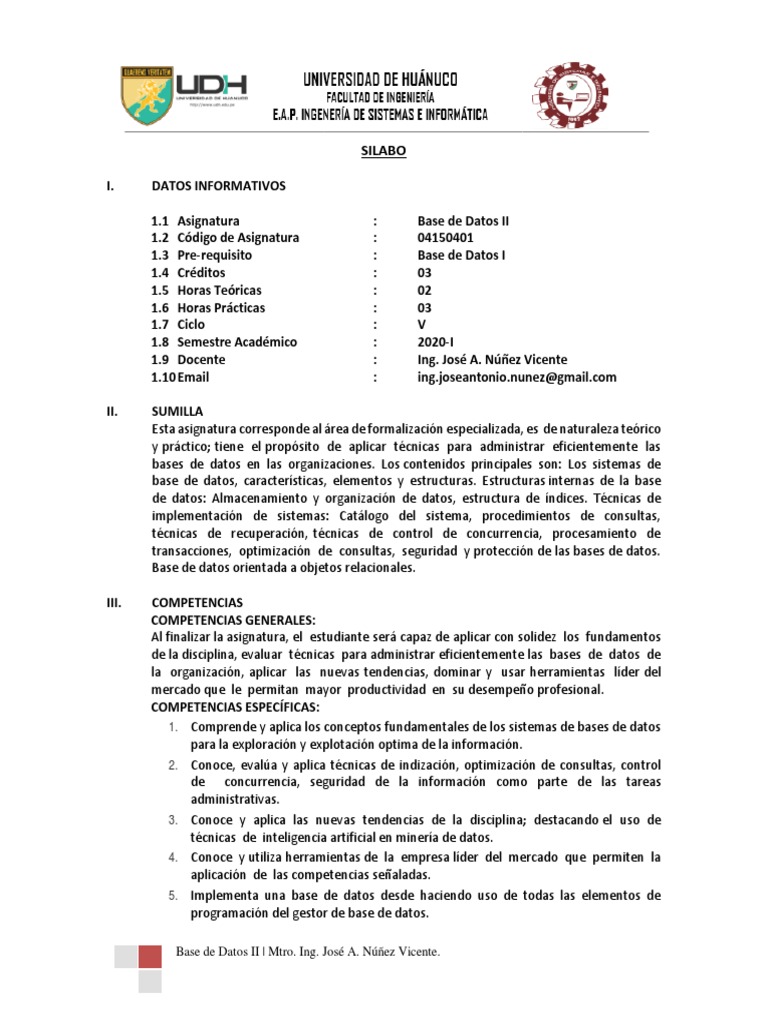 Silabo Competencias Base de Datos II 2020-1 PDF | PDF | SQL | Bases de datos