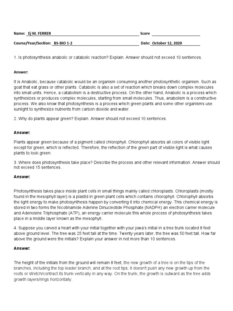 Activity in General Botany Module 3 Plant Cell Metabolism and Plant ...